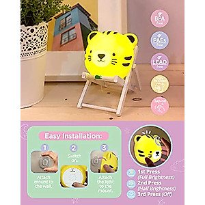 SomeShine Kids Night Light - Detachable Tiger Wall and Desk Kawaii Lamp with Mount, Touch Operation, 1 Hour Auto-Off Timer, and Adjustable Brightness, Safe and Durable Nursery Night Light for Kids