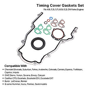 Timing Cover Gasket Set - Compatible with 4.8L 5.3L 5.7L 6.0L 6.2L Chevy Silverado, Suburban, Tahoe, GMC Sierra, Yukon, Savana, Cadillac Escalade - Replace 12633904 TCS45993