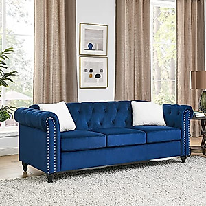 Melpomene 3 Pieces Blue Velvet Living Room Sofa Set Including 3-Seater Sofa Loveseat and Sofa Chair, with Button Tufted Nailhead and 5 White Villose Cushions (1+2+3 seat)