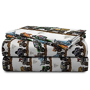 Jay Franco Monster Jam Tracks Full Sheet Set - 4 Piece Set Super Soft and Cozy Kid's Bedding Features Grave Digger & Megalodon - Fade Resistant Microfiber Sheets (Official Monster Jam Product)