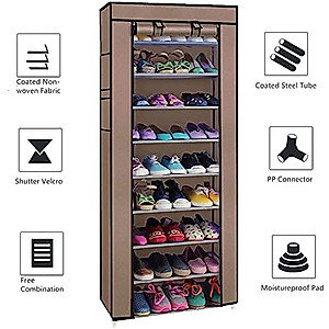 Mekek Shoe Rack Closet, 9 tiers Shoe Rack With Dustproof Cover Closet Shoe Storage Cabinet Organizer Brown