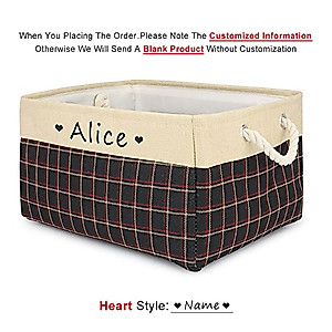 TONYFY Personalized Foldable Storage Basket, Plaid Customized Pet's Name Storage Box with Handles for Organizing Dog Toys, Clothing, Apparel & Accessories (Heart Black Beige-L)