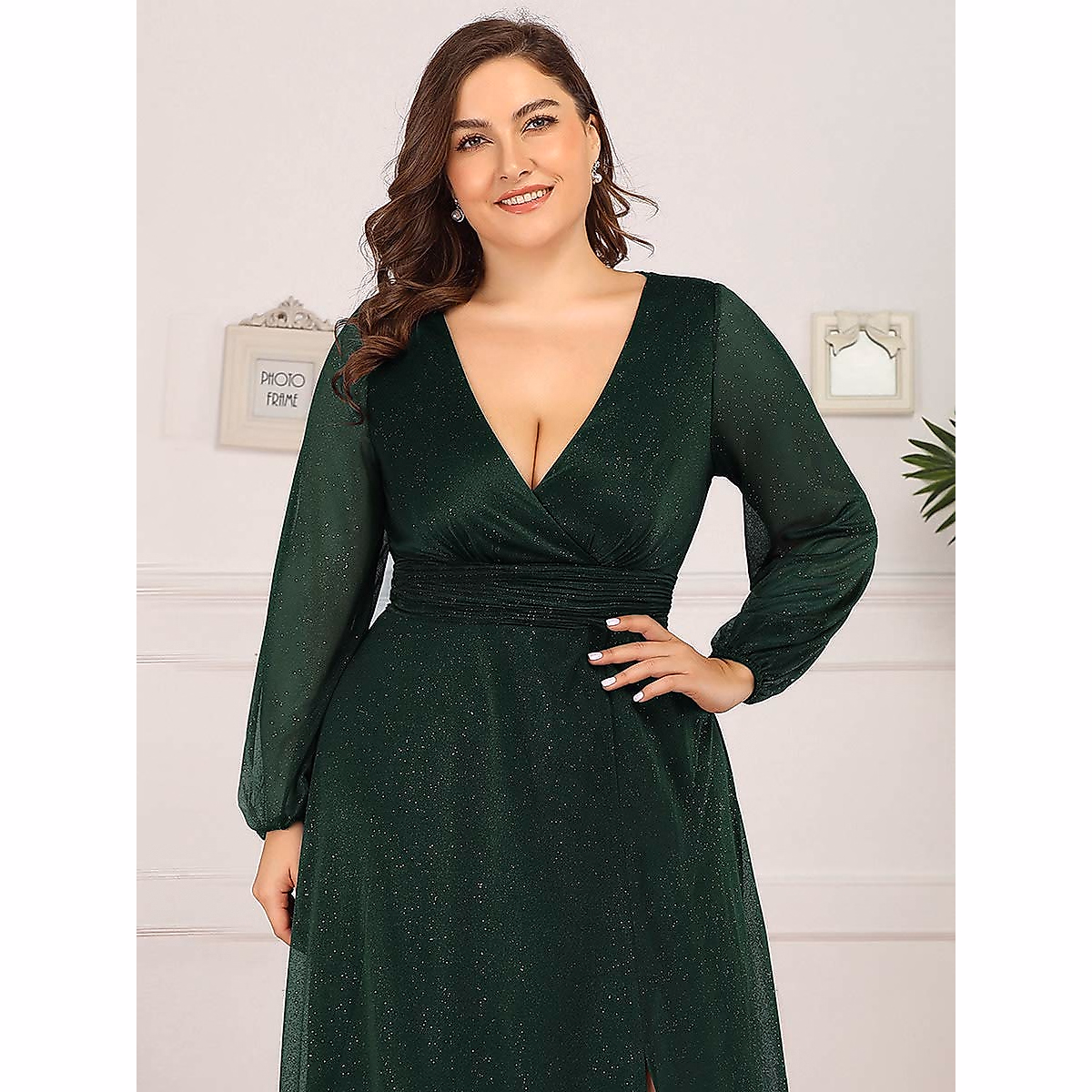 Ever-Pretty Women's Glitter A Line High Slit V-Neck Plus Size Formal Gowns and Evening Dresses Dark Green US16