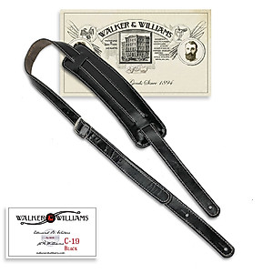 Walker & Williams C-19 Classic Black Vintage Style Rockabilly Guitar Strap Premium Signature Soft Grain Leather Extra Long For Acoustic, Electric, And Bass Guitars