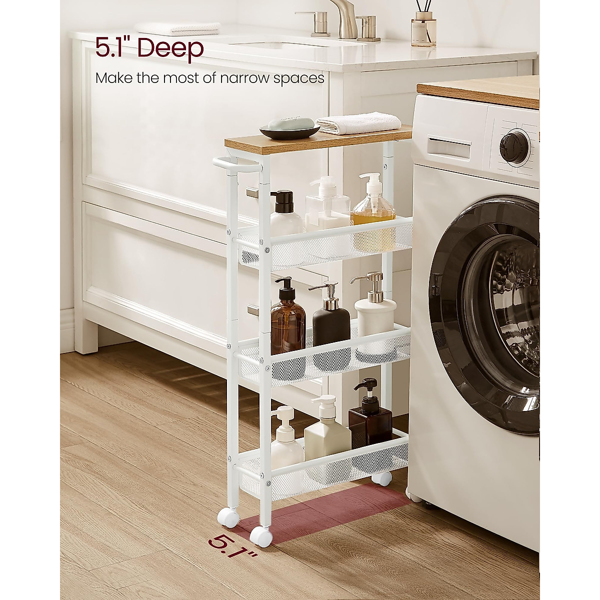 VASAGLE Slim Rolling Cart, 4-Tier Storage Cart, Narrow Cart with Handle, 5.1 Inches Deep, Metal Frame, for Kitchen, Dining Room, Living Room, Home Office, Oak Beige and Classic White ULRC032W09