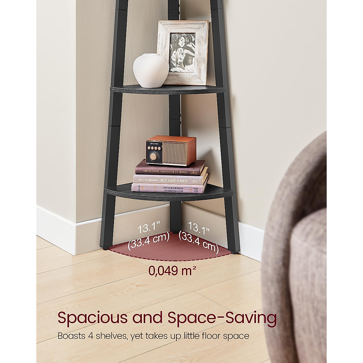 VASAGLE Corner Shelf Stand, 4-Tier Corner Bookshelf, Industrial Corner Ladder Shelf, Plant Stand Display Shelf for Living Room, Office, Kitchen, Charcoal Gray and Matte Black ULLS034B22