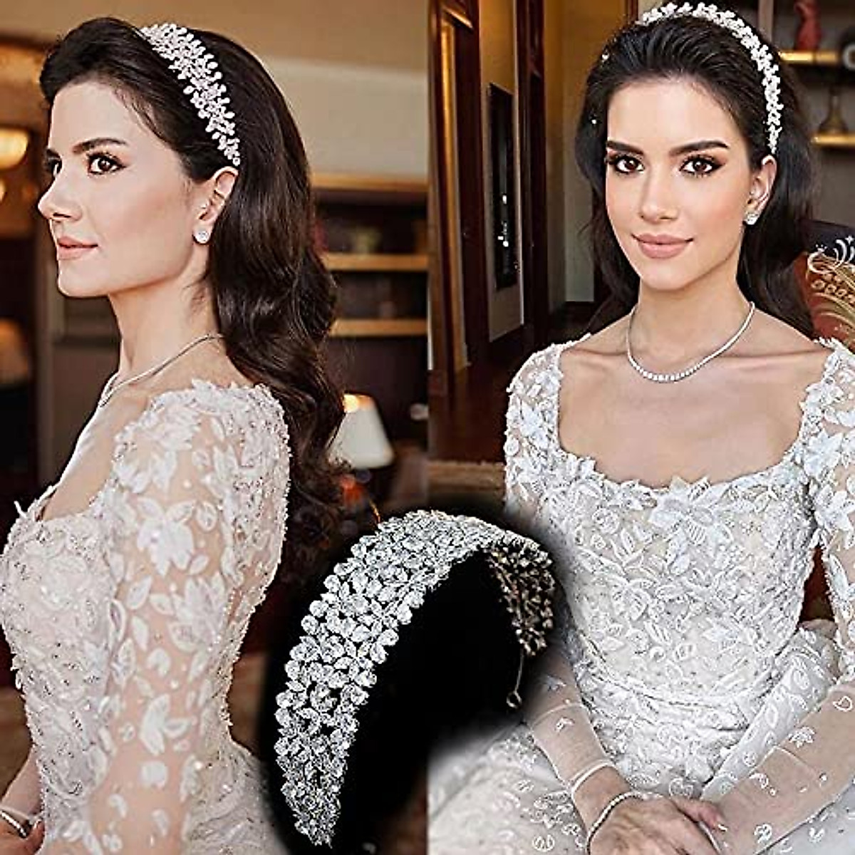 Aoligrace Cubic Zirconia Wedding Bride Headband CZ Tiaras and Crowns for Women Sweet 16 Large Headpiece Hair Accessories (Silver)