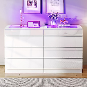 DWVO 8 Drawer Dresser with LED, White Dresser, Modern 8 Chest of Drawers with Deep Drawers Glass Top High Gloss Surface, Storage Organizer Cabinet for Living Room