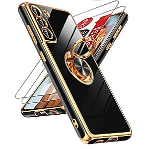 LeYi for Samsung Galaxy S21 FE 5G Case: with Tempered Glass Screen Protector [2 Pack] 360° Rotatable Ring Holder Magnetic Kickstand, Plating Rose Gold Edge Protective Case, Black