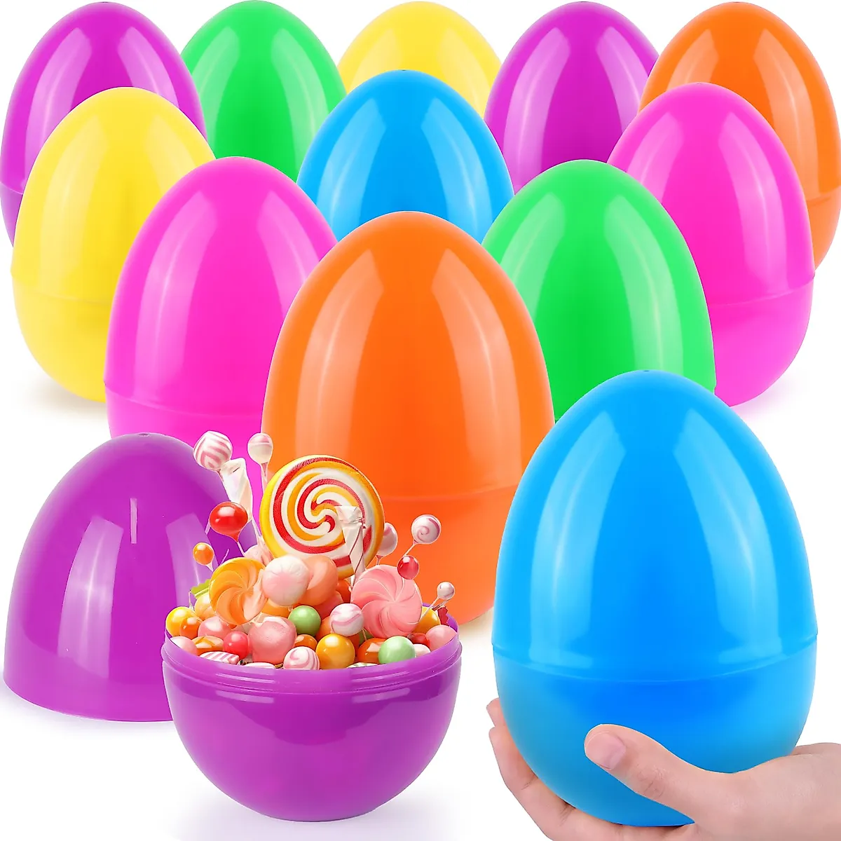12 PCS Jumbo Easter Eggs 6 Inch Colorful Giant Plastic Easter Eggs Fillable Large Suprise Egg for Easter Themed Hunt Basket Stuffers Fillers Filling Treats Party Favors Classroom Prize Supplies