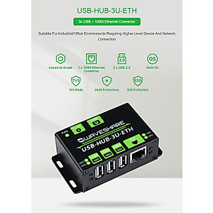 Waveshare Industrial Grade Multifunctional USB HUB Extending 3X USB Ports + 100M Ethernet Port Suitable for Industrial/Office Environments Requiring Higher Level Device and Network Connection
