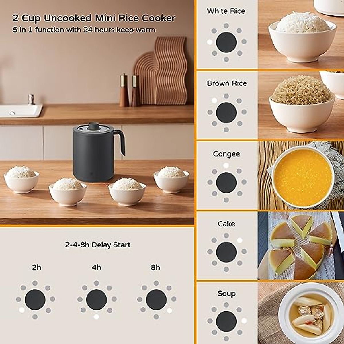 OCTAVO 2 Cup Rice Cooker Mini Small Size 5 Preset Function with 4/6/8 Delay Timer, 1.0L Rice Cooker with Portable Handle, Simplicity Glass Lid Small Rice Cooker for 1-2 People, Rice maker, black