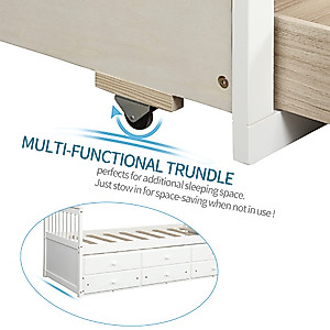 Rhomtree Twin Captain’s Bed Storage daybed with Trundle and Drawers for Kids Guests (White)