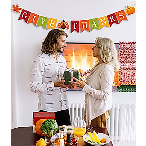 PTFNY Give Thanks Banner Thanksgiving Bunting Banner Garland with Maple Leaves Turkey and Pumpkin Signs Give Thanks Banner for Fall Thanksgiving Day Party Decorations Friendsgiving Home Party Supplies