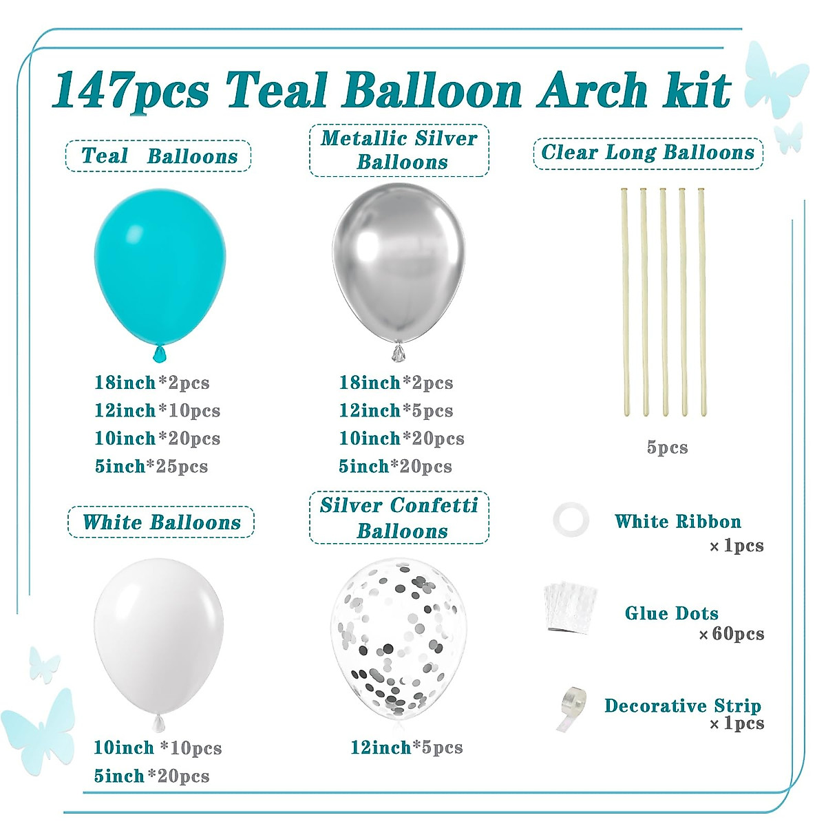 147pcs Teal Balloon Arch Garland kit, 18 12 10 5 inch Turquoise Metallic Silver White Balloons for Birthday Graduation Baby Shower Wedding Beach Party Decoration