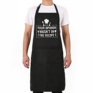 Funny Black Aprons for Men Women with 2 Pockets-Your Opinion Wasn’t in The Recipe, Adjustable Bib,Kitchen Cooking Grilling BBQ Apron,Birthday Gifts for Husband, Dad, Boyfriend, Son, Friends