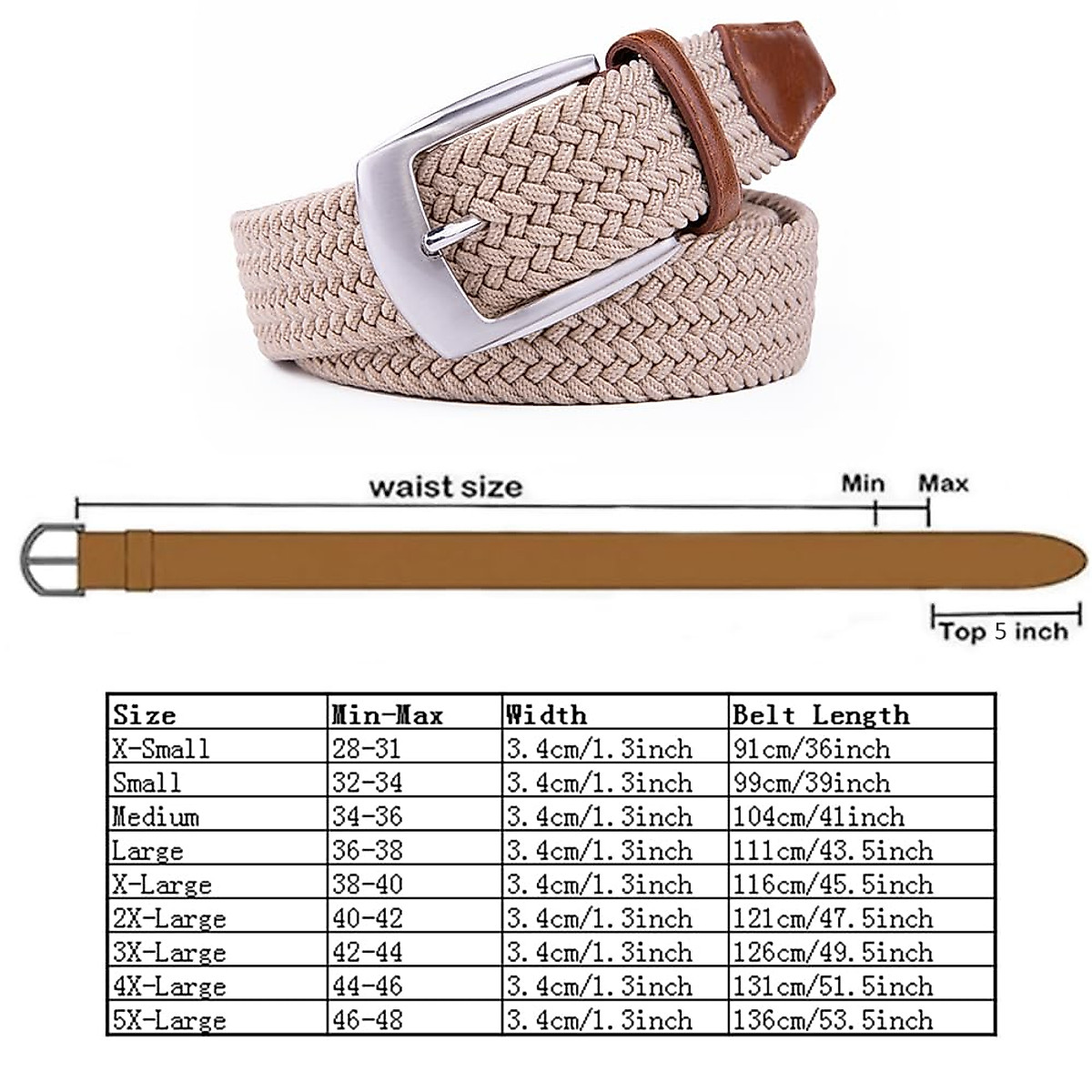 Elastic Fabric Woven Stretch Braided Belts (L, Beige)