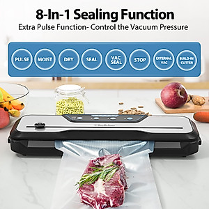 Vacuum Sealer Machine with Starter Kit, Beelicious 8-In-1 Powerful Food Vacuum Sealer, with Pulse Function, Moist&Dry Mode and External VAC for Jars and Containers | Build-in Cutter | LED Indicator | Quiet Operation | Easy to Clean | Slim Compact design |