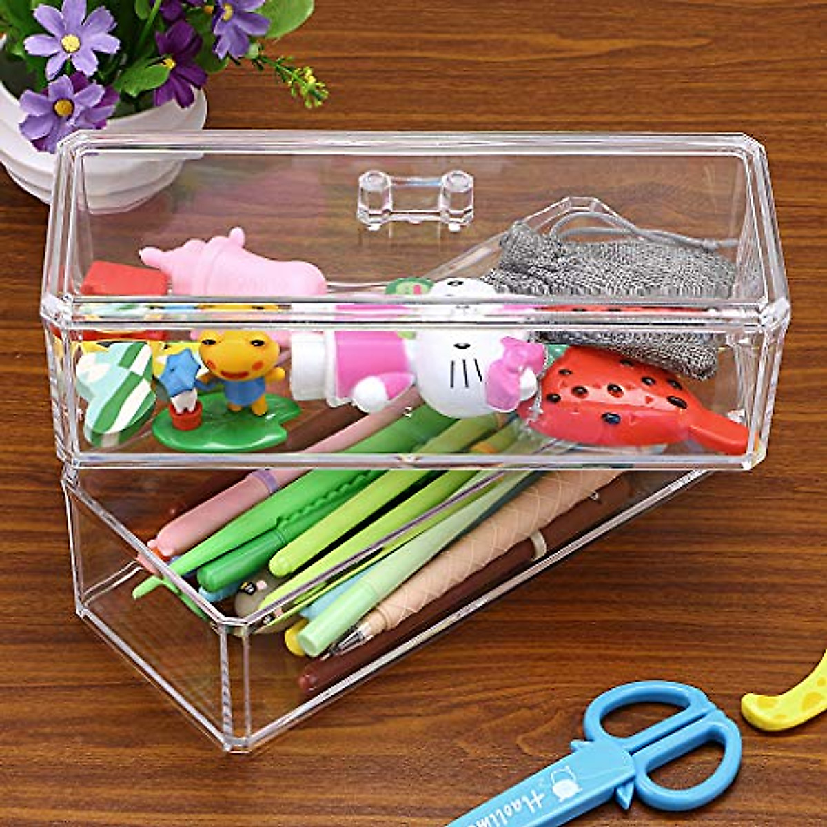 Hipiwe Clear Acrylic Make Up Organizer Box Double Deck Dresser Container Case with Lid for Jewelry Cosmetic Bathroom Storage Holder for Cotton Ball and Swab, Cotton Pad, Q-tip (2 Compartment)