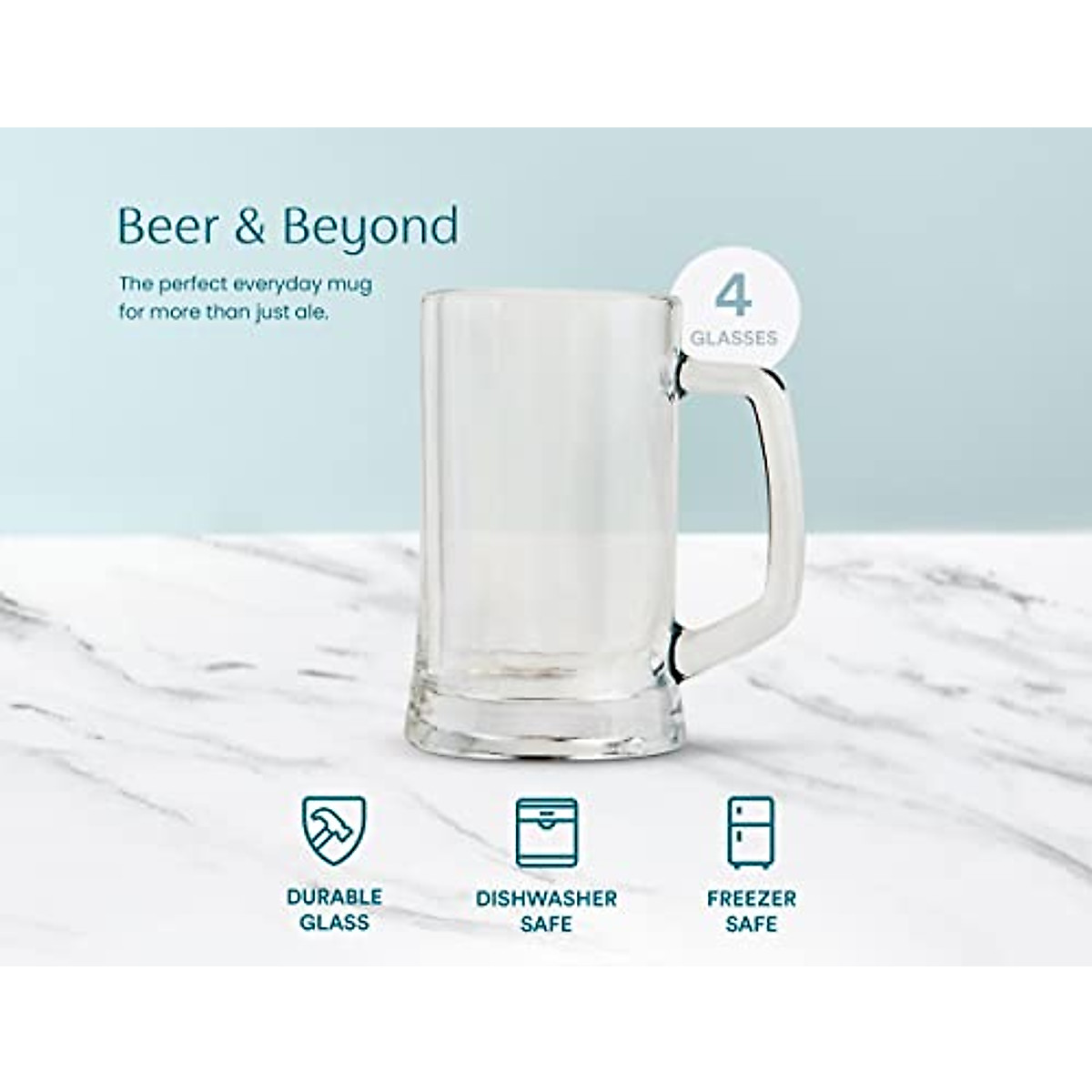 KooK Glass Beer Mugs Set, With Handles, Large Drinking Cups for Tea, Coffee, Root Beer Floats, Dishwasher and Freezer Safe, Clear and Durable, 22 oz, Set of 2