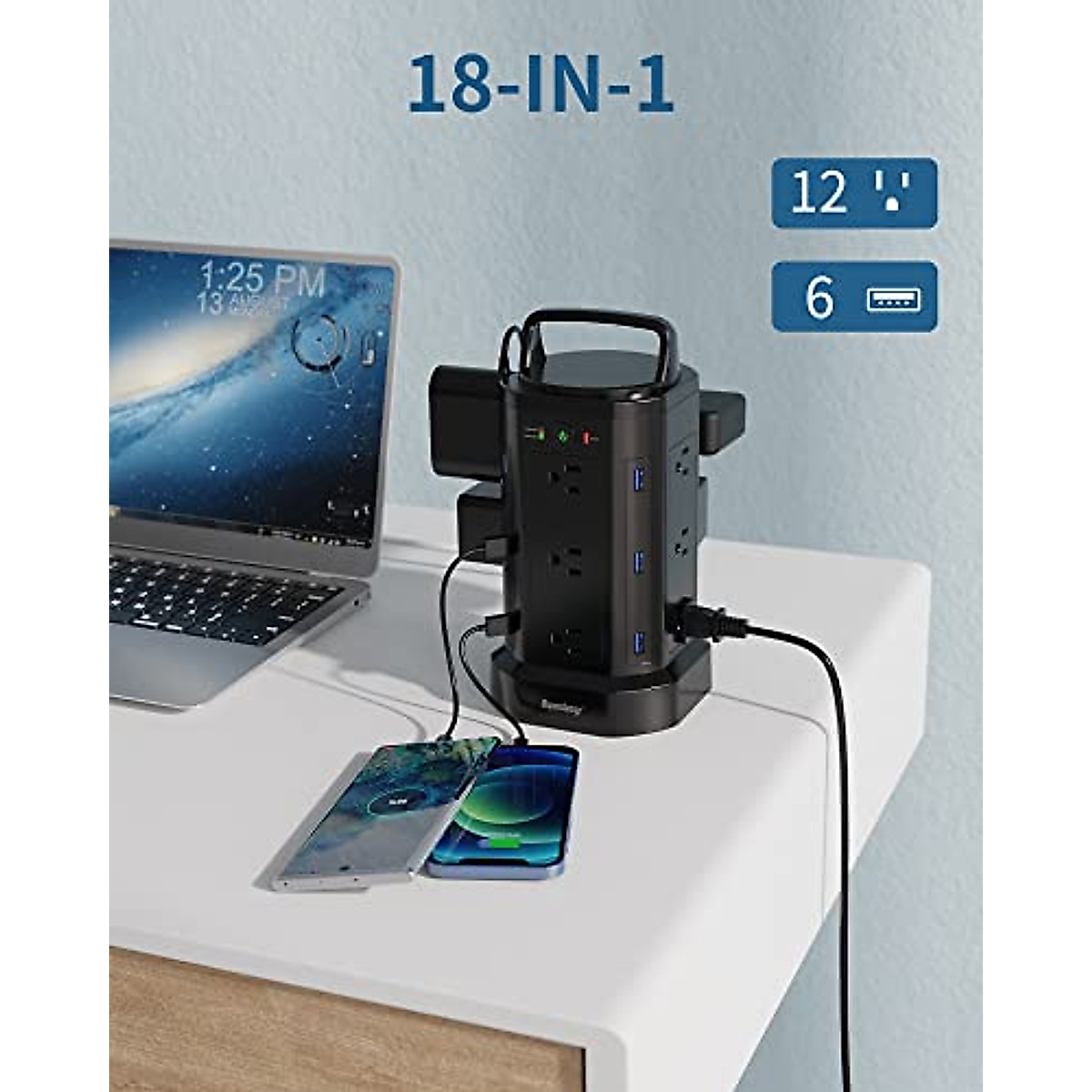 Power Strip Surge Protector Tower 2100J, SUPERDANNY Extension Cord with Multiple Outlets, 12 AC 6 USB Charging Station, Handle Cord Retracting, 6.5ft Overload Protection for Garage, Workbench, Black