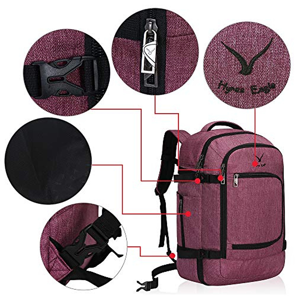 Hynes Eagle Travel Backpack 40L Flight Approved Carry on Backpack Men Large Cabin Weekender Laptop Backpack Women 15.6 inches Light Grey with Red Violet