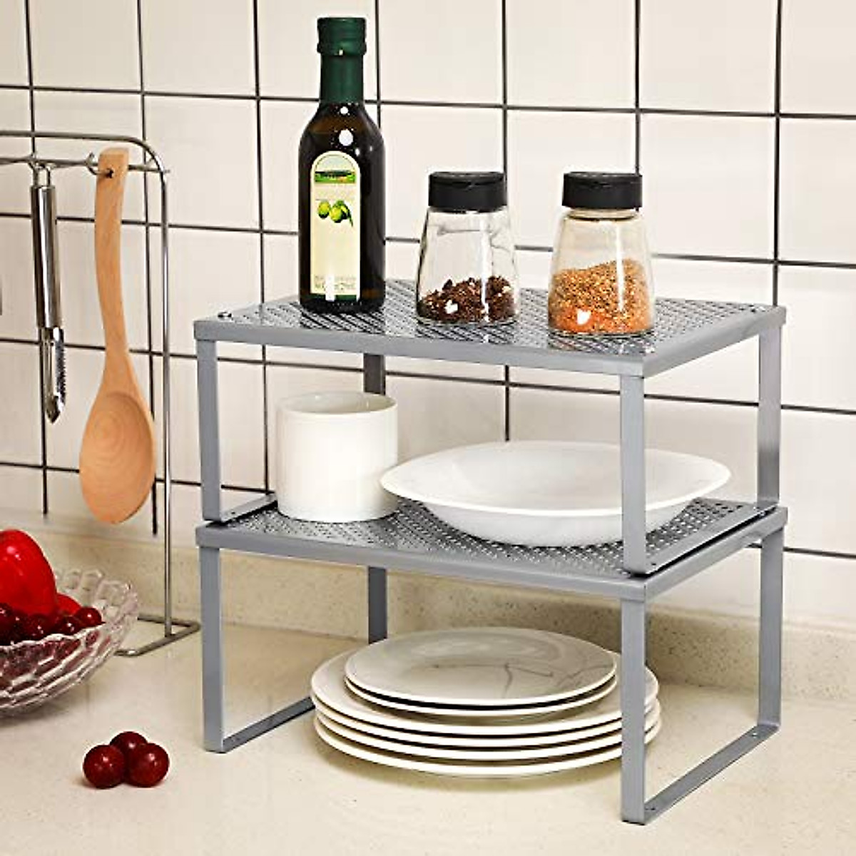 SONGMICS Cabinet Shelf Organizers, Shelf Organizer, Countertop Organizer, Shelf Riser, Stackable, Expandable, Set of 2 Metal Kitchen Counter Shelves, Silver UKCS01SV
