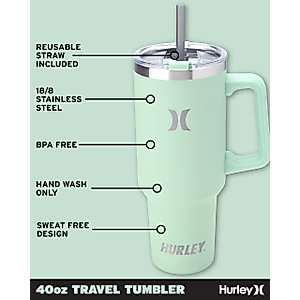 Hurley Tumbler Thermos - 40oz Double Wall Vacuum Insulated Travel Mug with Handle - BPA Free Stainless Steel Water Bottle - Leak Proof Hot and Cold Coffee Car Cup, Size 40 Ounces