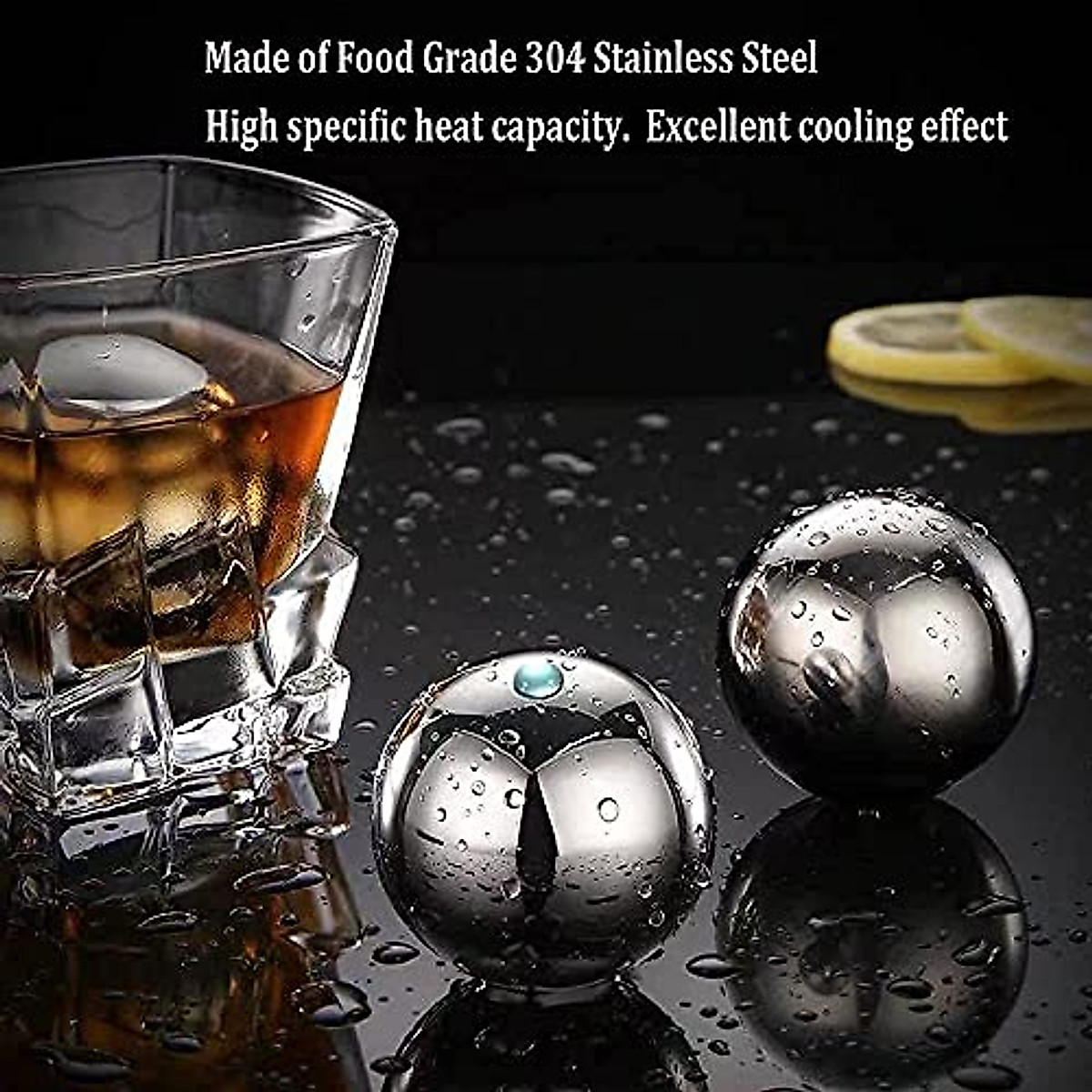 Ecentaur Whiskey Stones Stainless Steel Ice Cube Metal Reusable Balls 2.2" Chilling Stones for Drinks Set of 4