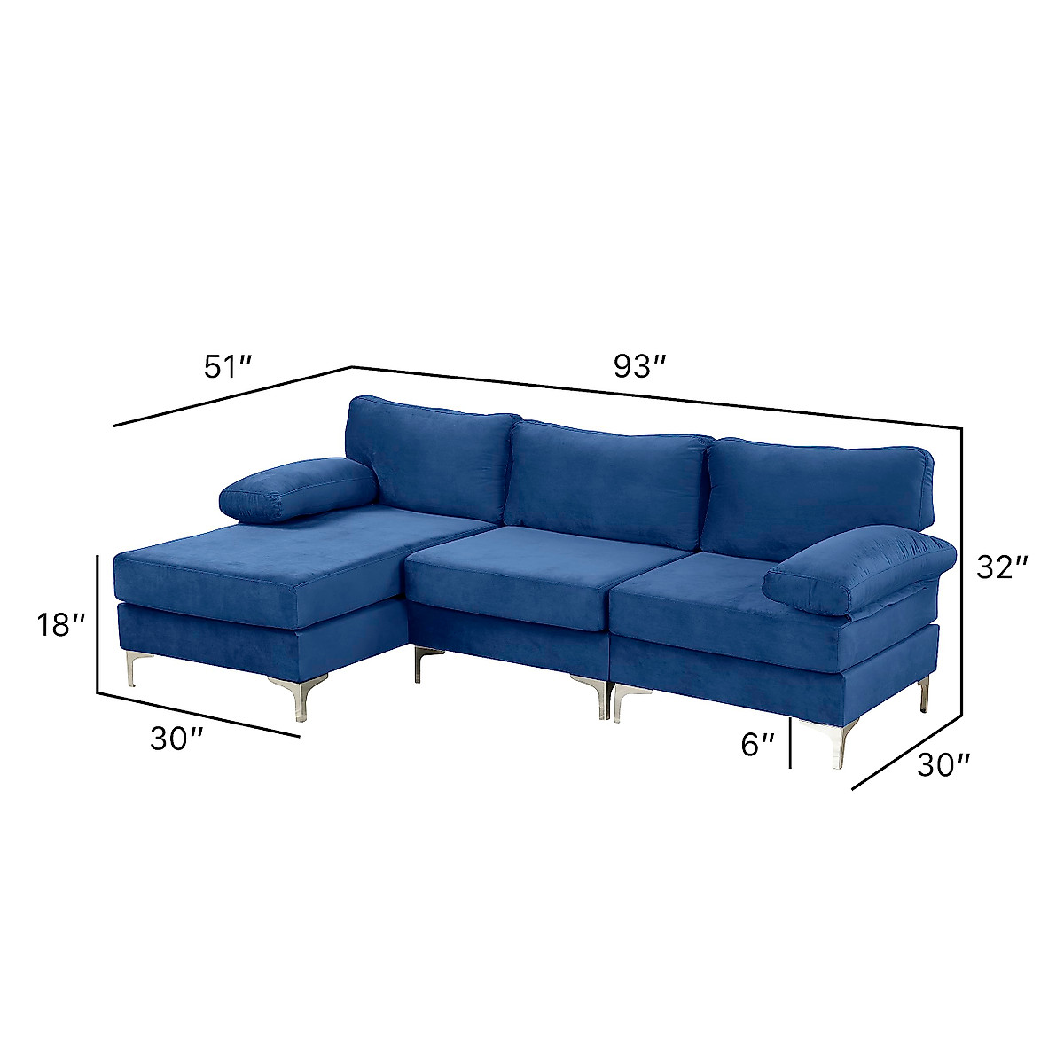 Casa Andrea Milano Modern Velvet Fabric Sectional Sofa, L-Shape Couch with Extra Wide Chaise Lounge