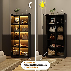 Dystler Display Cabinet with Doors and Adjustable Shelves, 65" Tall Bookcase with LED Lights/Human Sensor, 5 Tier Display Case for Collectibles Bedroom Living Room Office, Black