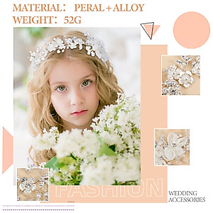 Kigeli Silver Flower Hair Band for Girls, 2 Pcs Wedding Headpiece with Tulle Flowers, Pearl, Crystal, Headband for Baby Kids Birthday Photography Hair Accessories