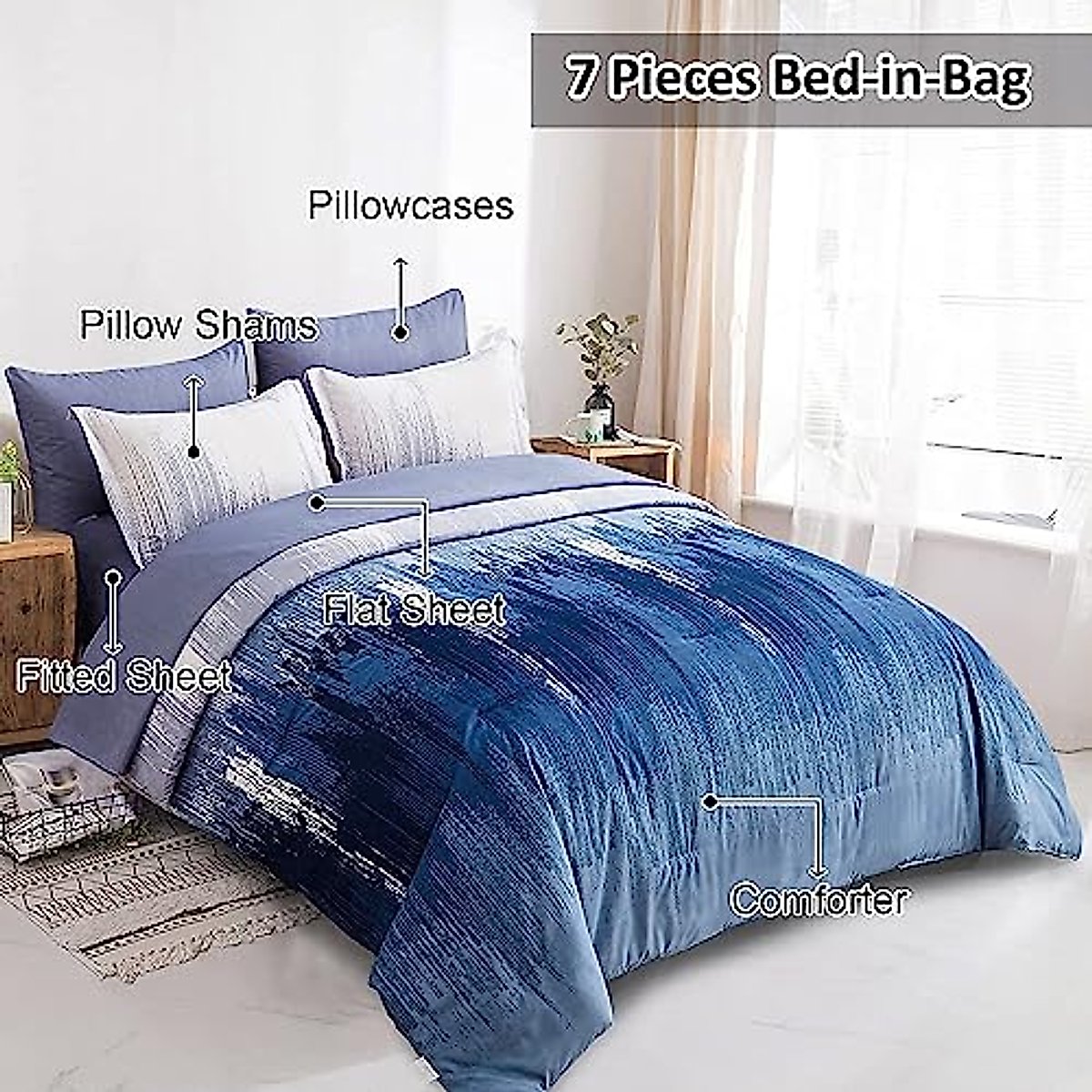 Navy Blue Comforter Set Queen,7 Pieces Bed in a Bag Colorful Abstract Art Gradient Comforter Soft Microfiber Bedding Set -1 Comforter, 1 Flat Sheet, 1 Fitted Sheet, 2 Pillow Shams,2 Pillowcases