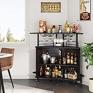 Tribesigns Smart Led Bar Table, 3-Tier Liquor Bar Unit with RGB Lights, Wine Glasses Holder and Storage Shelves, Alcohol Bar Cabinet with Mesh & Footrest Mini Bar Buffet Sideboard for Home Kitchen