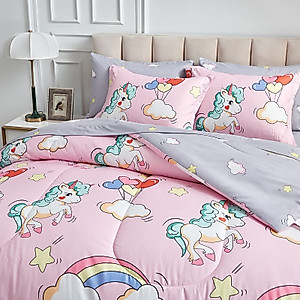 UOZZI BEDDING Kids Girls Bed in a Bag 7 Pieces Queen Size Unicorn Pink Comforter Set - (1 Soft Microfiber, Reversible Comforter, 2 Pillow Shams, 1 Flat Sheet, 1 Fitted Sheet, 2 Pillowcases)