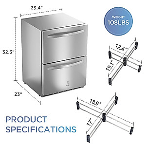 ICEJUNGLE Indoor and Outdoor Refrigerator, Digital Touch LED Display Under Counter 24'' Built-in Beverage Refrigerator Double Drawer Fridge Stainless Steel Silver