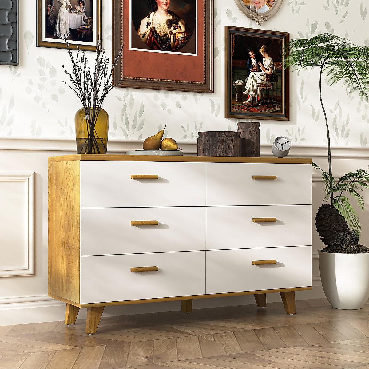 Vibe & Dine 6 Drawer Dresser, White Wooden Dresser for Bedroom, Wide Chest of Drawers with Solid Wood Handles and Legs for Living Room