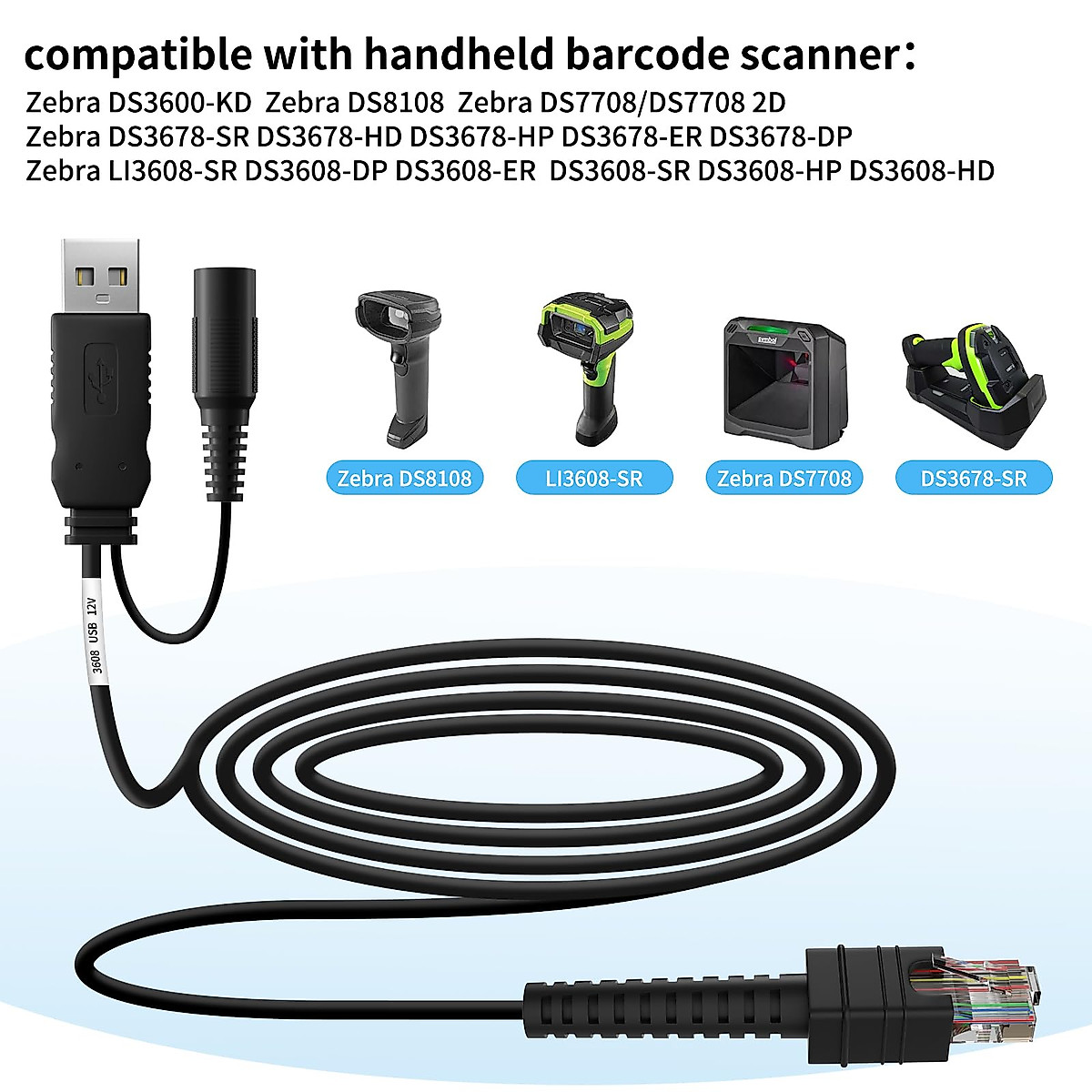 WUHAO USB Cable for Zebra DS3678-SR DS3678-DP LI3608 LI3678 DS3600 DS3608 DS8108 Barcode Scanner,CBA-U42-S07PAR USB Cable USB-A to RJ-45 3M/9.8FT Straight 12V (1)