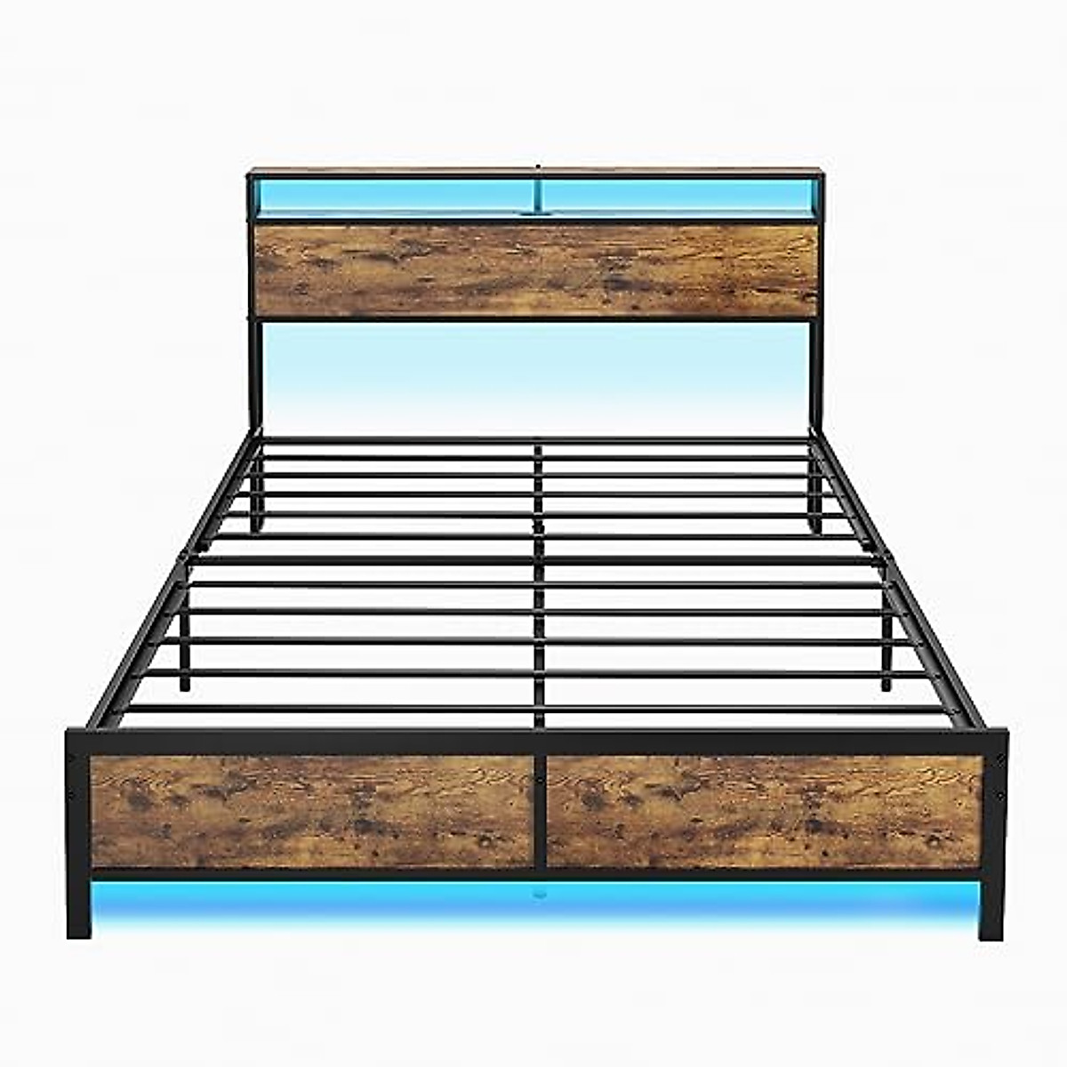 SYING88 Modern Bed Frame with LED Lights and 2 USB Ports Industrial Style,Bed Frame with Headboard/Noise-Free/No Box Spring Required for Bedrooms and Small Apartment(Antique Brown (Queen)