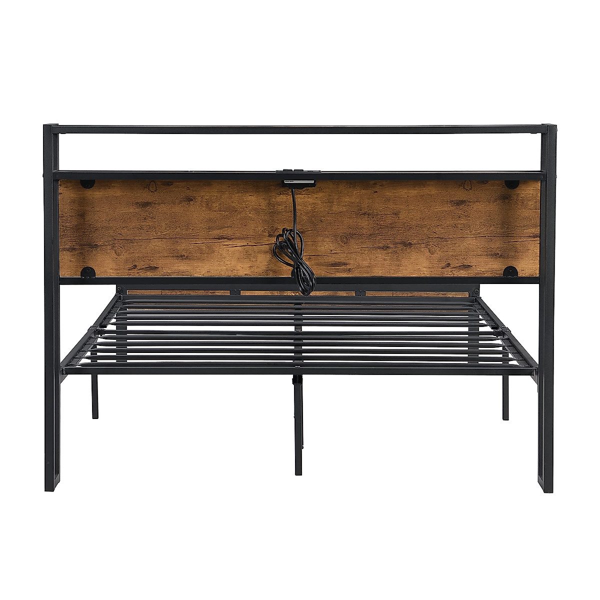 Fidktuveㅤ King Size Metal Platform Bed Frame with Wooden Headboard and Footboard, USB Port, Storage, Easy Assembly - No Box Spring Needed (Black)