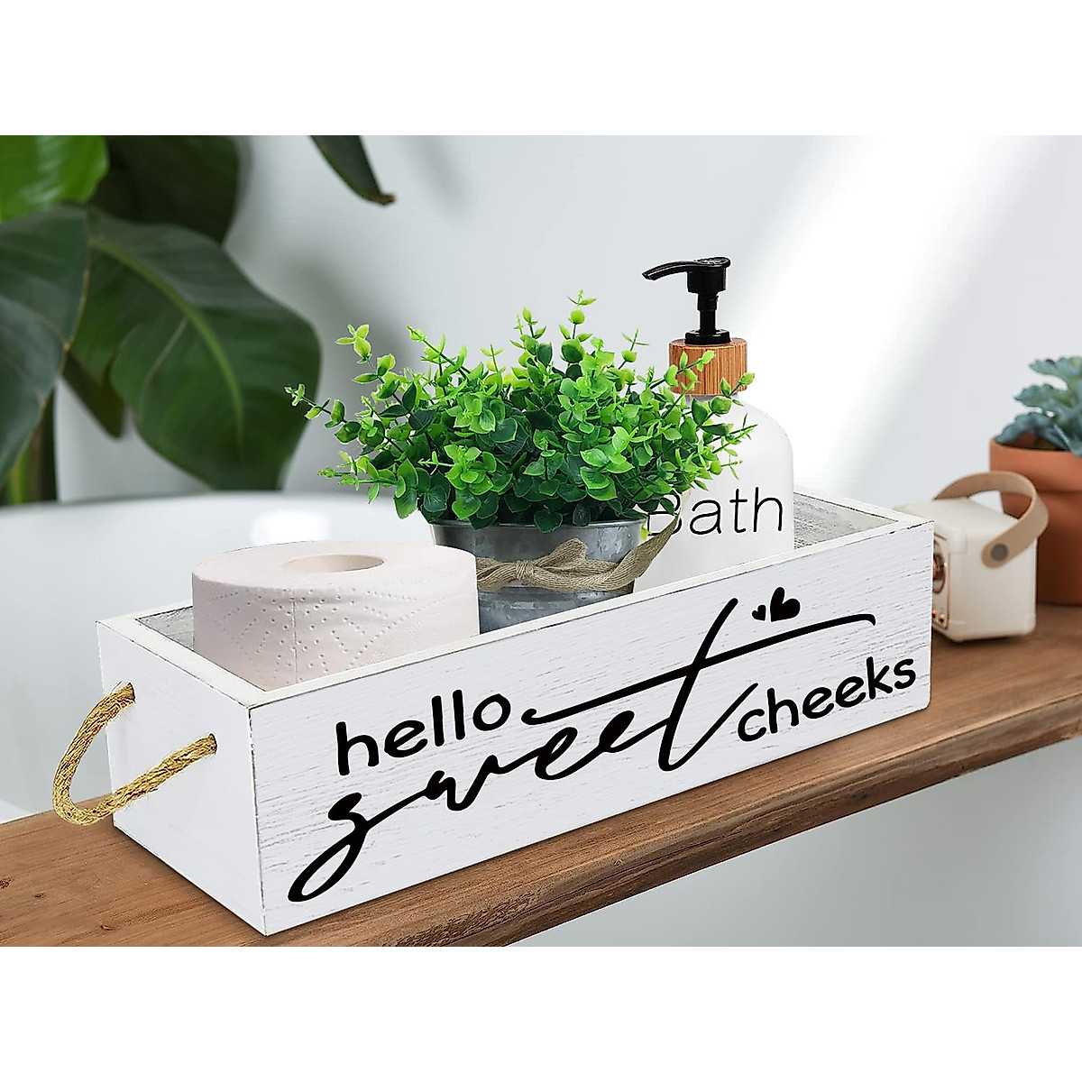 Msyueos Hello Sweet Cheek Decor Box with Rope - Rustic Wooden Storage Box with Funny Design on 2 Sides Perfect for Bathroom Decor, Toilet Paper Holder, Toilet Tank Basket, Toilet Organizer (White)