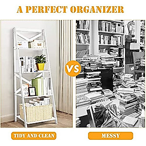 LUARANE Modern 4-Tier Ladder Shelf, Wooden Bookshelf with X-Shaped Frame, Free Standing Bookcase with 4 Open Storage Shelves, Organizer Shelf for Living Room Kitchen Office (2, White)