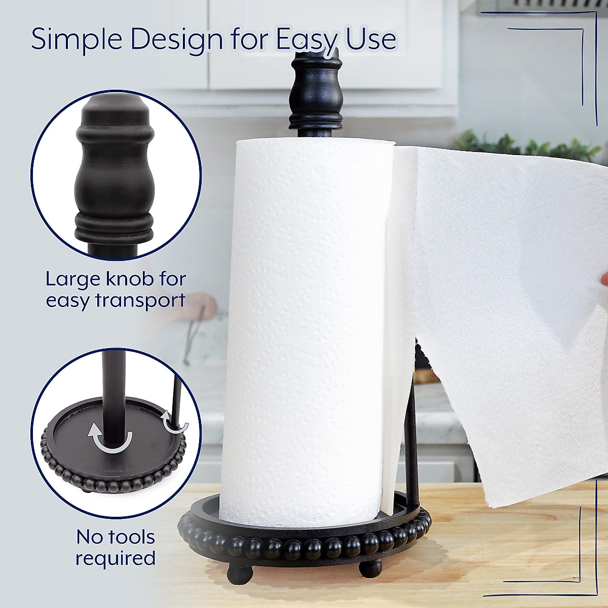 AuldHome Farmhouse Paper Towel Holder (Black); Wooden Beaded Rustic Disposable Towel Dispenser for Countertop