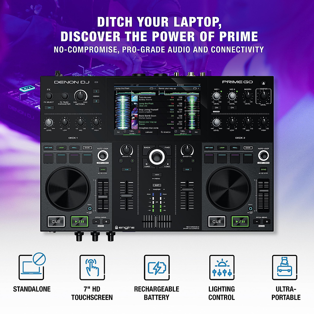 Denon DJ PRIME GO – Portable DJ Controller and Mixer with 2 Decks, WIFI Streaming, 7-Inch HD Touchscreen, DJ Set with Lights Control and Rechargeable Battery