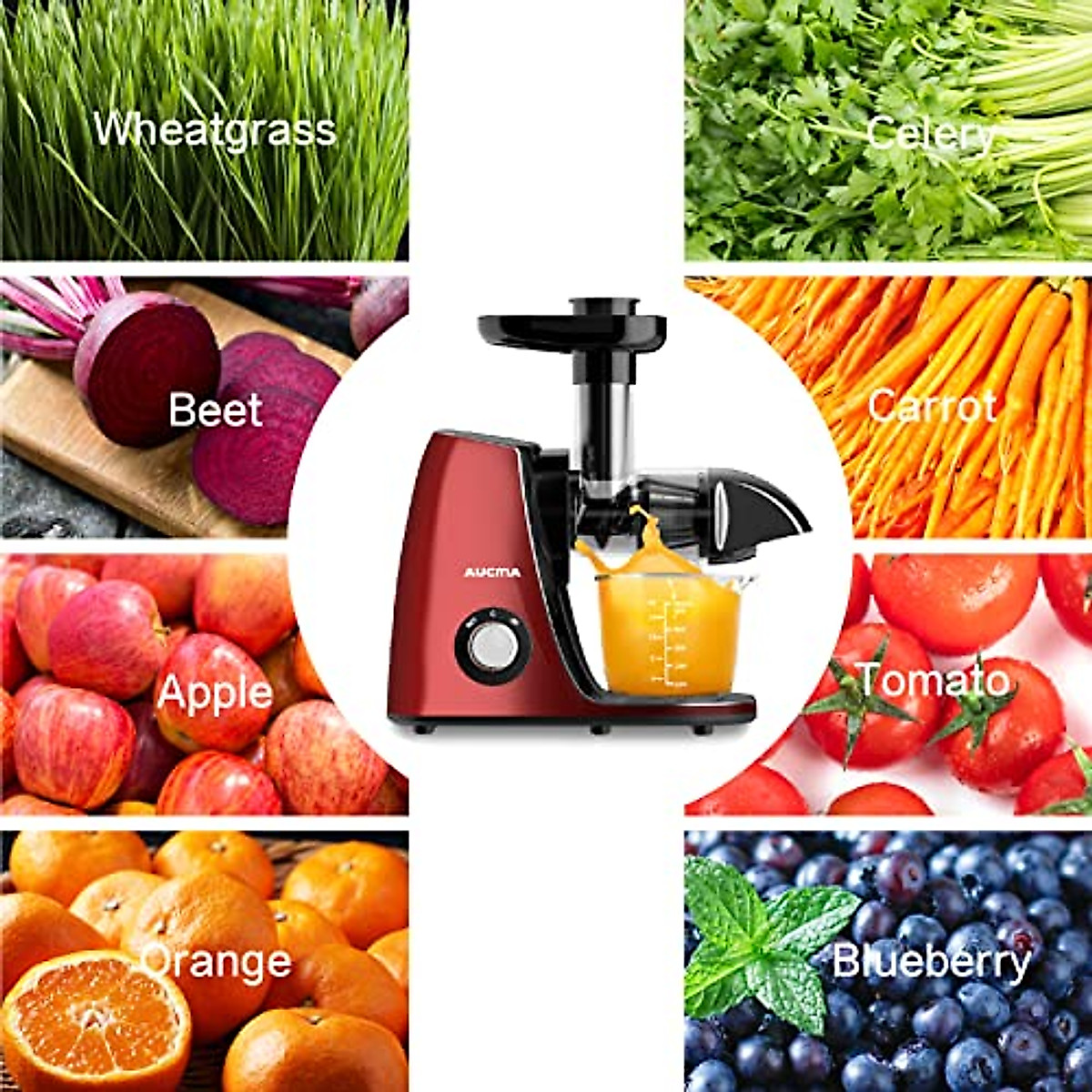 Aucma Slow Juicer Machine, Cold Press Juicer with Quiet Motor and Reverse Function, Masticating Juicer Machine with Brush Recipes, Juicer Extractor for High Nutrient Fruit Vegetable Juice (Classic Red)