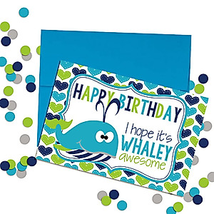 WHALEY Awesome Whale Themed Birthday Pun Themed Single (1) All Occasion Blank Birthday Card To Send To Friends & Family, 4"x 6" (when folded) Fill In Greeting Note Card by AmandaCreation