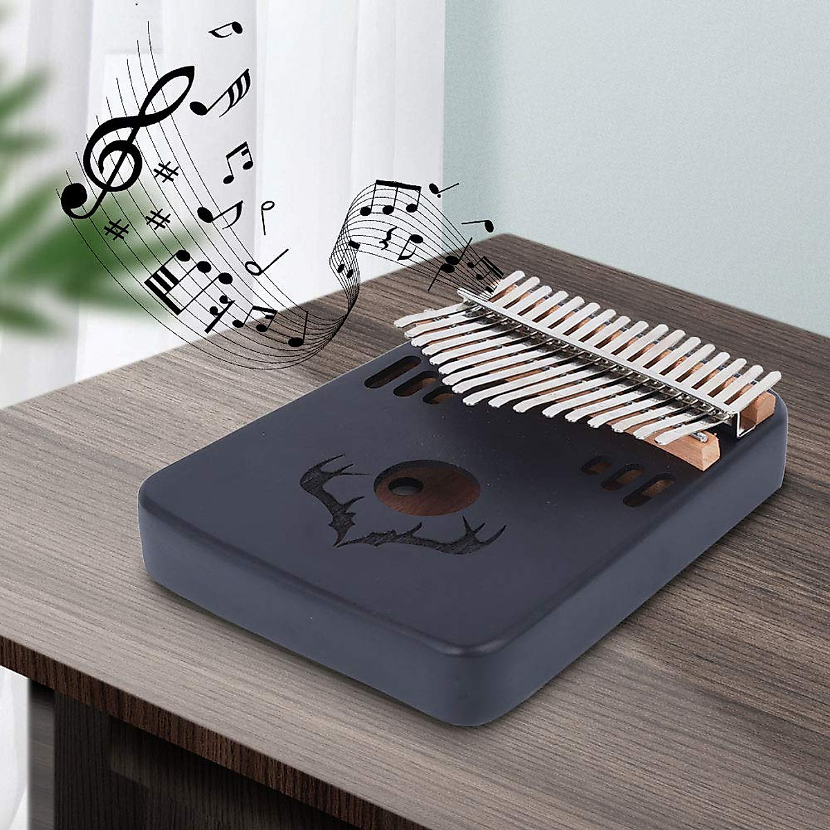 17-key Kalimba C key Thumb Piano Finger Piano Pre-Tuned Solid Mahogany Made Tuner Hammer Sound Hole Reindeer-Horn-Pattern(Black)