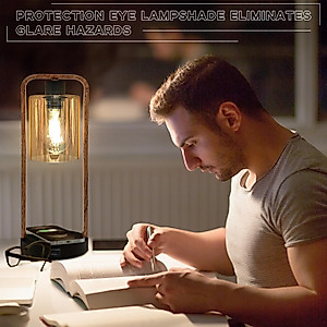 Wireless Charging Touch Lamps for Nightstand Set of 2 - Industrial Table Lamps for Bedrooms 3-Way Dimmable Bedside Lamps with USB, Wood Grain Desk Lamps with Amber Glass Shade for Home, Bulbs Included