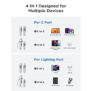 LISEN 4 in 1 Multi Charging Cable [Carry Anywhere] [Fast Charge All Devices] 60W PD USB C Charging Cable Retractable iPhone Charger Multiple Cord for Samsung Galaxy S23+/iPhone 14/Laptop/iPad(3.3FT)