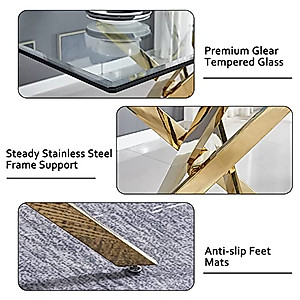 51'' Glass Dining Table with Tempered Glass Top, Gold Stainless Steel Legs Rectangular Table for 4 or 6 Person, Modern Kitchen Table Furniture for Home Office Dining Room, Elegant Clear Glass Table